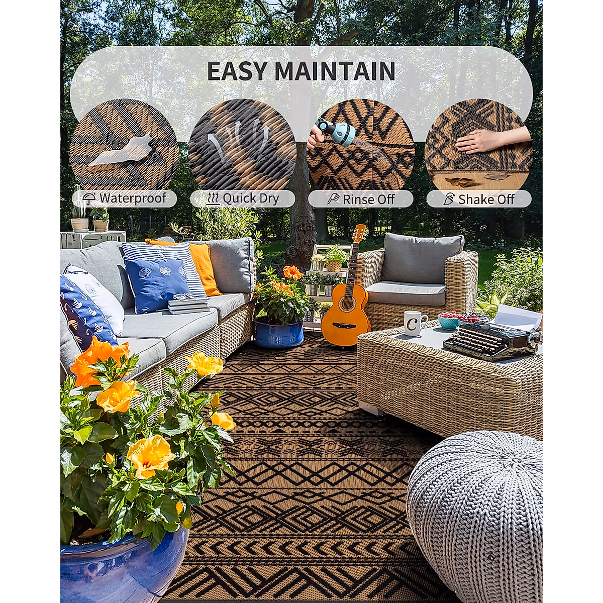 MontVoo-Outdoor Rug Carpet Waterproof 5x8 ft Reversible Patio Rug RV Camping Rug-Plastic Straw Rug Outside Indoor Outdoor Area Rug for Patio Deck Balcony Picnic Beach Outdoor Decor Boho Black Brown