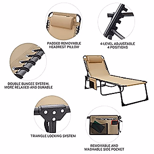KingCamp 5-Position Folding Chaise Lounge Chair for Outside, Sunbathing, Tanning, Patio, Pool, Lawn, Deck, Portable Heavy-Duty Camping Reclining Chair with Pillow Pocket, Textilene, Supports 264lbs
