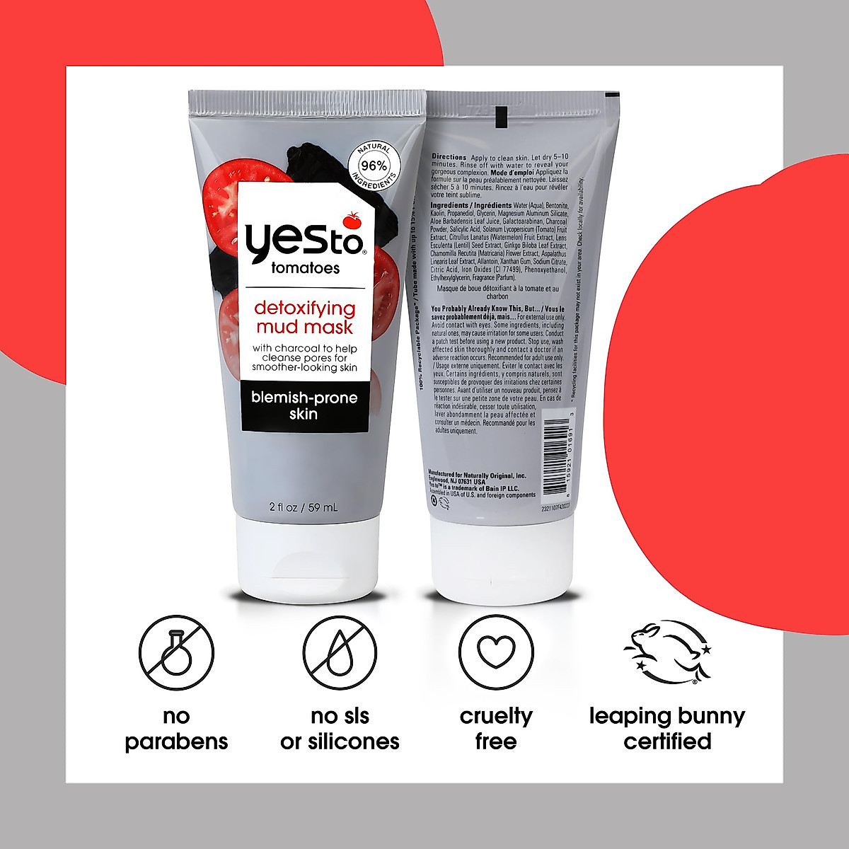 Yes To Tomatoes Clear Skin Detoxifying Charcoal Mud Mask For Acne Prone Skin Draw Out Impurities And Prevent Breakouts Contains Salicylic Acid 96 Natural Ingredients, Red, Tomato, 2.006 Fl Oz