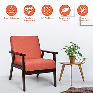 Giantex Set of 2 Mid-Century Modern Accent Chair, Retro Fabric Armchair, Solid Hardwood Made, Upholstered Linen Lounge Arm Chair for Living Room (Orange)
