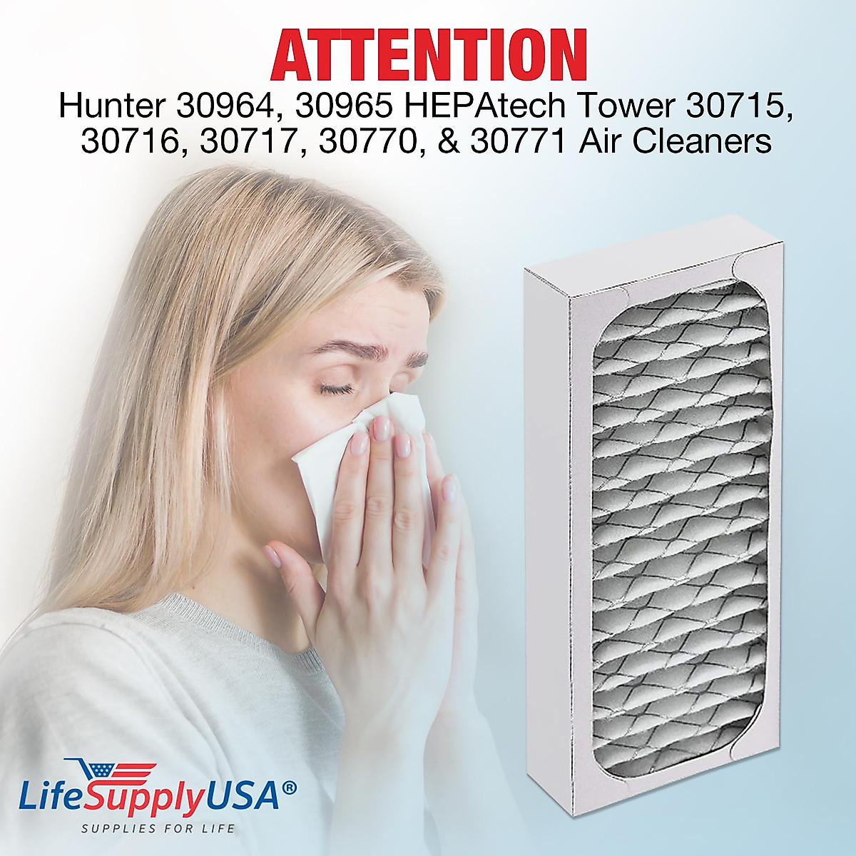 Air Cleaner Filter Replacement Compatible with Hunter 30964, 30965 HEPAtech Tower 30715, 30716, 30717, 30770, & 30771 Air Cleaners, 17.5"x7"x2.5" Inches by LifeSupplyUSA