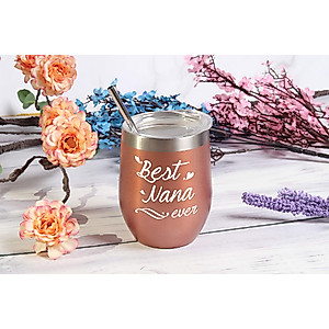 Best Nana Ever Wine Tumbler Best Nana Ever Tumbler with Straw Nana Tumbler Nana Gifts Birthday Mothers Day Gifts for Nana Grandma from Grandkids Granddaughter Grandson 12 Ounce with Gift Box Rose Gold