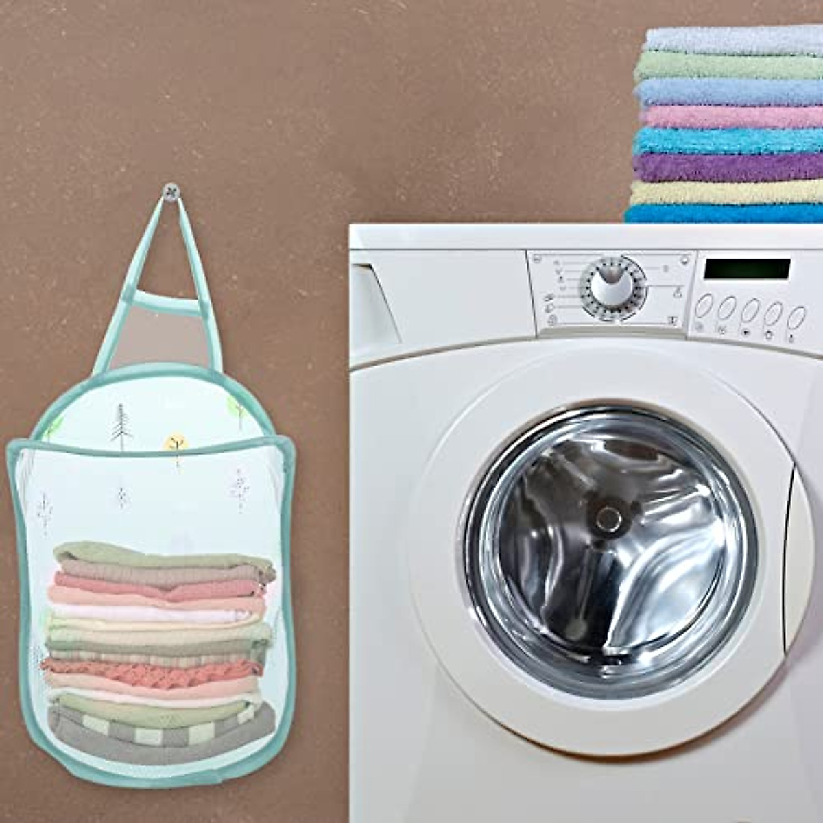 DOITOOL Collapsible Laundry Baskets Hanging Laundry Hamper, Cute Cartoon Pattern Foldable - up Mesh Hamper Dirty Clothes Basket with Carry Handles, Bathrom Dirty Clothes Hamper Green Rv Storage