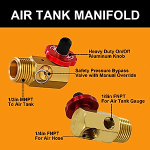 Air Tank Repair Kit, SUNROAD Air Tank valve Kit with gauge, Come with 2" Pressure Gauge 1/8"NPT, 4 Ft Air Hose 1/4"NPT Connect and Aluminum Knob Air Tank Manifold 1/2" NPT to Portable Air Tank