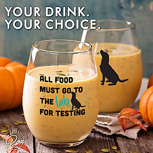 On The Rox Drinks Labrador Gifts for Labrador Lovers- All Food Must Go To The Lab For Testing 15 oz Stemless Wine Glass Set of 2 - Chocolate Lab Wine Glass - Dog Face, Black Labrador Gifts