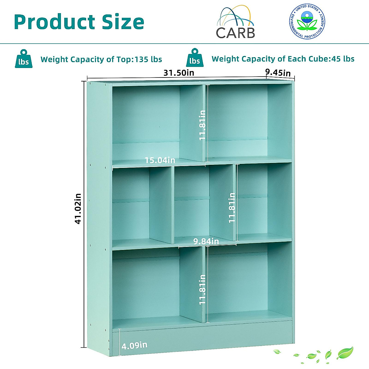 LEYAOYAO 7 Cube Bookshelf with Base,3 Tier Modern Mint-Green Kids Bookcase,Standing Wide Bookshelves Storage Organizer Toy Shelf,Wood Display Children's Book Shelves for Bedroom,Living Room,Nursery