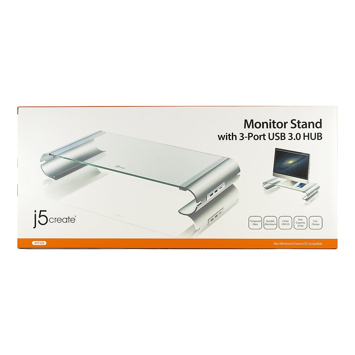j5create Monitor Stand with 3-port USB 3.0 HUB JUT325 | Aluminium Legs and Clear Tempered Glass Monitor Riser | Compatible with iMac/Windows/Chrome/Linux Laptop, Macbook