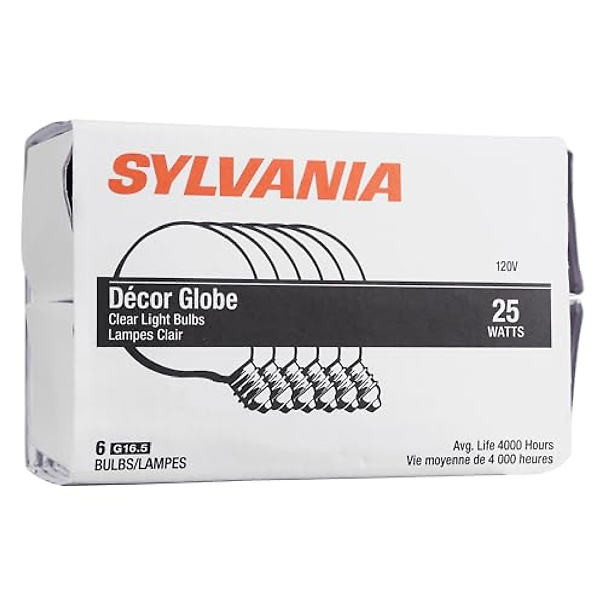 Sylvania Incandescent 25W G16.5 Decor Globe Light Bulb, E12 Candelabra Base, Clear Finish 2850K Warm White, 6 Pack