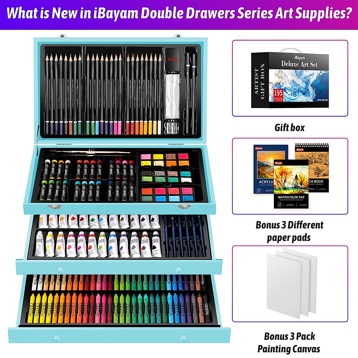 Art Supplies, 186-Pack Deluxe Art Set with 2 A4 Drawing Pads, 1 Coloring Book, 24 Acrylic Paints, Crayons, Colored Pencils, Watercake, Creative Gift Box for Adults Artist Beginners Kids Girls Boys
