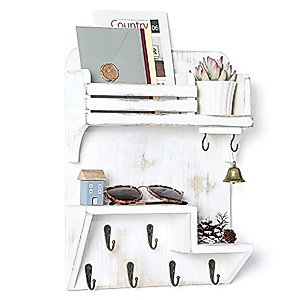 Asaultker Key and Mail Holder for Wall, Elegant Wall Mounted Mail Organizer with 8 Metal Key Hooks, Key and Mail Rack for Rustic Home Decor, Paulownia Wood