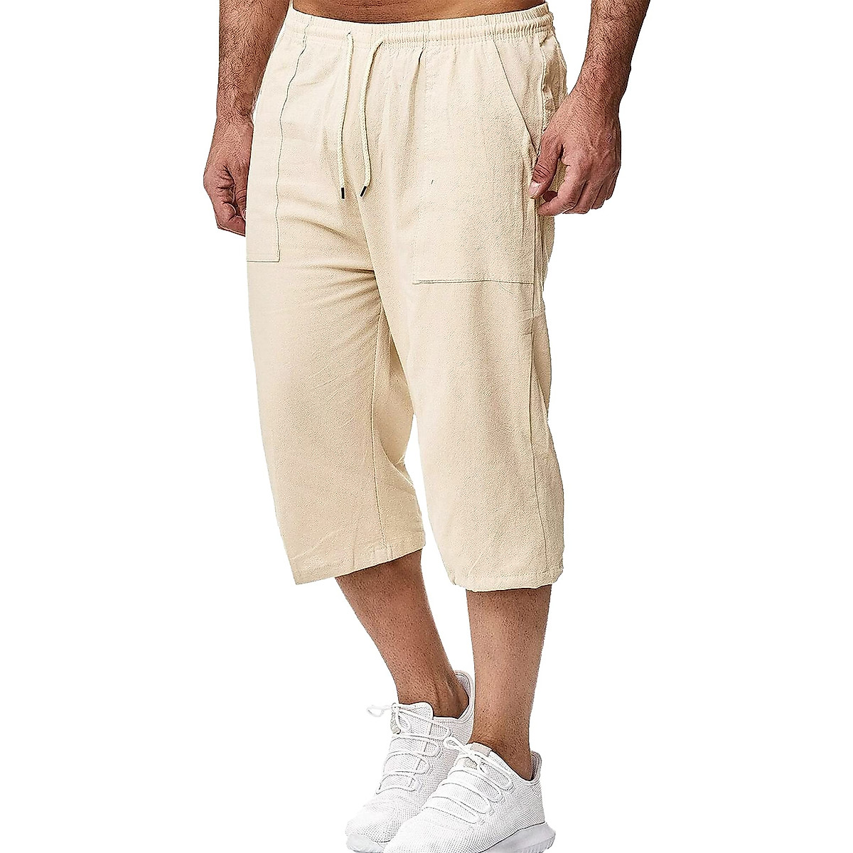 LVCBL Mens 3/4 Linen Capri Pants Elastic Waist Casual Loose Baggy Harem Pants Khaki M