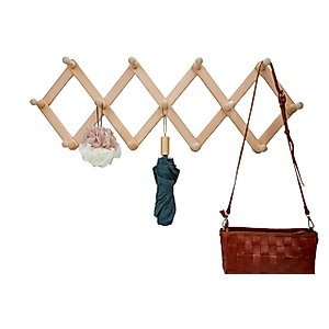 wekiweyi Expandable Accordion Wall Rack – 13 Hook Wooden Coat & Hat Rack, Multi-Functional Beech Wood Hanger for Hats, Coats, Coffee Mugs, and More, Rustic Natural Finish