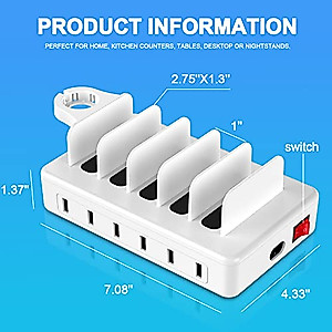 CREATIVE DESIGN Charging Station for Multiple Devices, 50W 6 Ports Charging Dock with 6 Cables Compatible with Cellphone,Tablet, Kindle, Apple Watch and Other Electronic