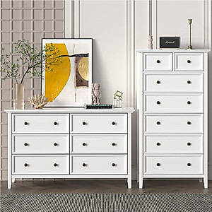 IKENO White 7 Drawer Tall Dresser, Tall Solid Wood Large Storage Cabinet, Modern Simple White Tall Chest of Drawer for Bedroom Living Room Hallway Entryway (White)