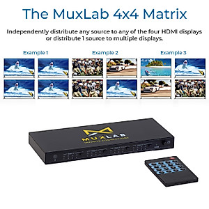 MuxLab 4x4 HDMI 2.0 4K 60hz Matrix Switcher | IR Remote | Supports 4K@60Hz | 4:4:4 | HDR | 4 in 4 Out | No Driver | Control with IR Remote | RS232 | TCP/IP & Push Button | Switcher and Splitter