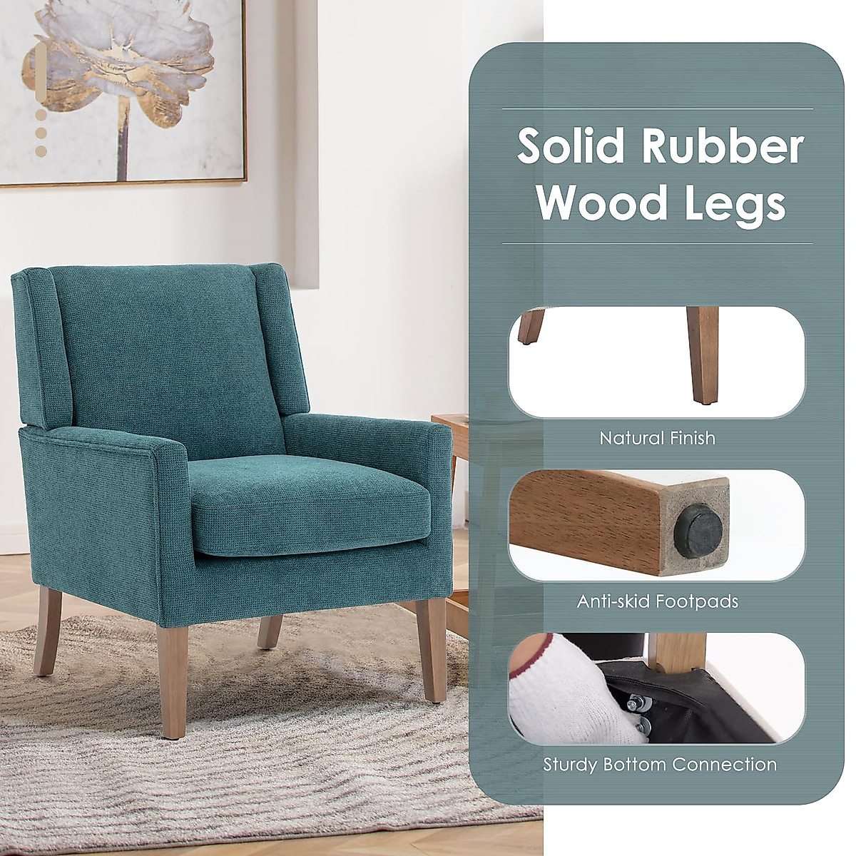 COLAMY Modern Wingback Living Room Chair, Upholstered Fabric Accent Armchair, Single Sofa Chair with Lounge Seat and Wood Legs for Bedroom/Office/Reading Spaces, Teal