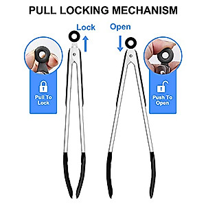 Bnlcd Kitchen Tongs, Premium Stainless Steel Locking Cooking Tongs with Silicone Tips, Non-Slip Food Tongs for Cooking, Heavy Duty, Non-Stick, 480℉, Set of 3-7" 9" and 12" Black