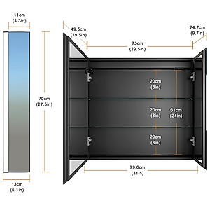KWW LED Bathroom Mirror Cabinet with Socket & USBs, Defogger, Dimmable, 3 Color Light Makeup Mirror, Easy to Install, Wall Mounted Medicine Cabinet (32 x 28 Inch)