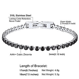 ChainsHouse Cubic Zirconia Classic Iced Out Tennis Bracelet |3mm Stainless Steel Diamond Link Bracelets for Men Women 7.5", Black Color