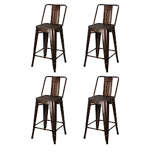 LEEJAY Commercial Grade Indoor Metal Bar Stools Set of 4, 24 Inch High Back, Gun Gray Counter Height Patio Barstools with Black Padded Cushion, 12"x12" Seat, Extra Durable and Stackable, Easy Assembly