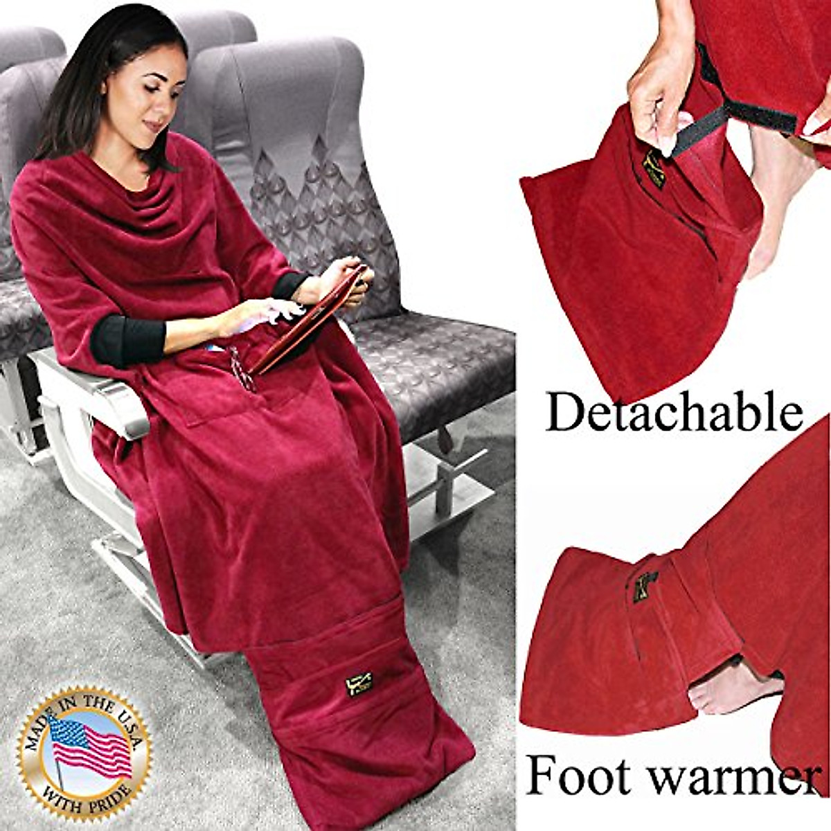 The Smart Blanket - 6 in 1 - Throw Blanket, Pillow, Detachable Foot Warmer, Privacy Hood, Secure Pouch Pocket, Wearable Blanket - Made in USA - Size: L / XL - Color: Navy