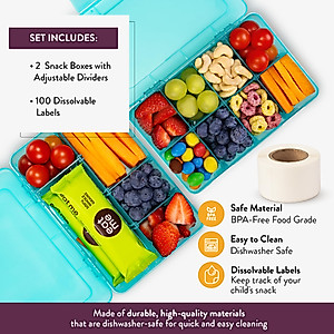 Snack Box Containers Set of 2-Reusable,100 Dissolvable Labels, 8 Adjustable Compartments, Dishwasher Safe, BPA-Free, Food Grade, Durable Design, PARENT TESTED PARENT APPROVED AWARD (2 Pack) (Cyan)