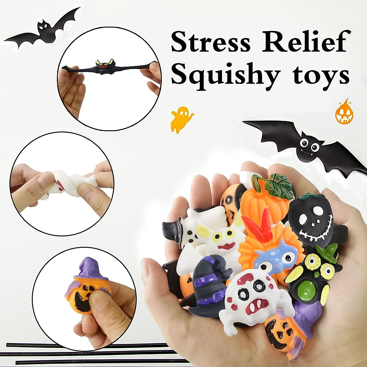100Pcs Halloween Kawaii Squishies,Mini Mochi Squishy Squeeze Toys Stress Reliever Anxiety Packs for Kids Halloween Party Favors (Halloween)