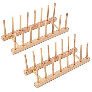 Wevapers 2Pack Bamboo Wooden Dish Rack, Plate Rack Stand Pot Lid Holder, Kitchen Cabinet Organizer for Cup, Cutting Board, Bowl, Drying Rack and More