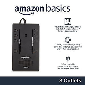 Amazon Basics Standby UPS 600VA 360W Surge Protector Battery Power Backup - 8 Outlets, Black