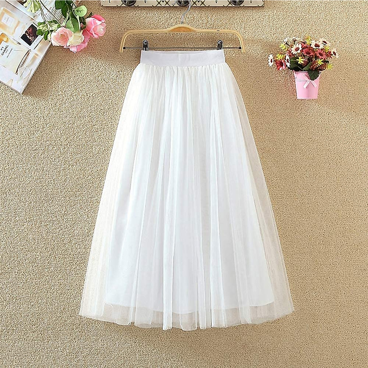 LBKKC Women's Midi Tulle Skirt Elastic Waist 3 Layered Mesh Formal Prom Party Tutu Skirt A Line(L,Off White)