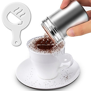 2 Stainless Steel Powder Shakers, SENHAI Mesh Shaker Powder Cans for Coffee Cocoa Cinnamon Powder with Lid, with 16 pcs Printing Molds Stencils