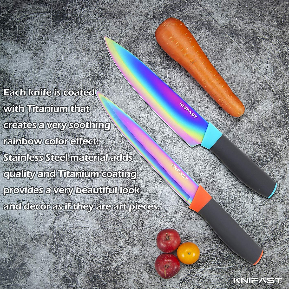 KNIFAST Kitchen Knife set Rainbow Titanium Coated - 12 Pcs Knife Set with Blade Guards, Dishwasher Safe, Razor Sharp German Stainless Steel Blade and Comfortable Handle