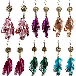6 Pairs Women Faux Feather Earrings Dream Catcher Earring Bohemian Fringe Tassel Long Drop Dangle Earrings Set with Design for Women (Style 8)