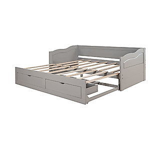 Polibi Extendable Daybed, Wooden Daybed with Trundle and Two Drawers, Convertible Sofa Bed with 2 Storage Drawers, Can be Expanded from Twin Size to King Size (Grey)