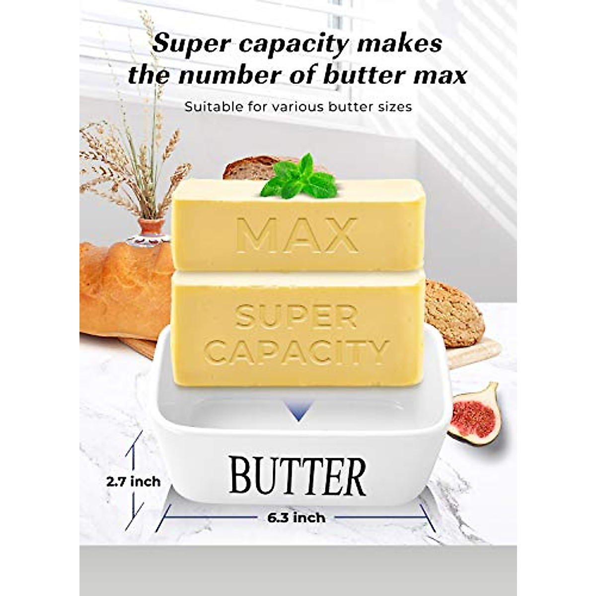 Large Butter Dish,Ceramic Butter Dish with lid and knife, Butter Keeper Double Silicone Seals, Easy Clean, Butter Dishes with Covers Perfect for 2 Sticks of Butter West or East Coast Butter, White