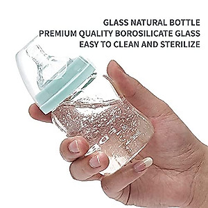 Baby Bottle Glass Wide Neck, Closer to Breastfeeding, Slow Flow Nipple, Anti-Colic, 4 Ounce, 2 Count (Blue)