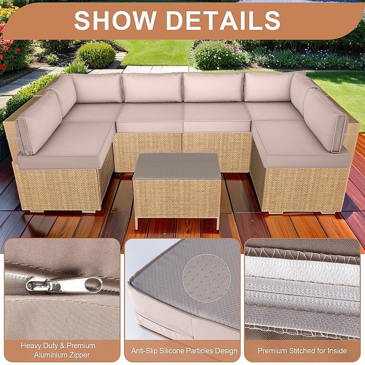 Hsohriif Outdoor Furniture Replacement Cushions,14-Piece Patio Cushion, Fit 7 Piece 6-Seater Wicker Rattan Furniture Conversation Set, Outdoor Cushion Liner&Cover (Khaki)