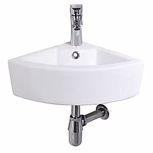 Wall Mount Small Corner Bathroom Sink and Faucet Combo with Overflow Triangle White Porcelain Ceramic Wall Hung Mini Vanity Space Bathroom sink, Faucet and Drain Combo