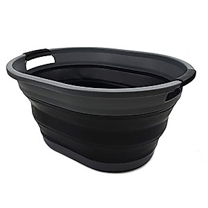 SAMMART 32L (8.4 gallon) Collapsible Plastic Laundry Basket - Foldable Pop Up Storage Container/Organizer - Portable Washing Tub - Space Saving Hamper/Basket, Water Capacity: 24L (1, Grey/Black)