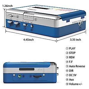 Bluetooth Cassette Player with Headphone, Tape Player Bluetooth Output to Headphone/Speaker,Walkman Portable Cassette Tape Player 2 AA Battery or USB Power Supply, 3.5mm Headphone Jack