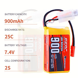SUNPADOW 7.4V 2S RC Small Lipo Battery 25C 900mAh with JST Connector Rechargeable for RC Airplane Receiver Aircraft Quadcopter Helicopter Drone FPV (2 Count)