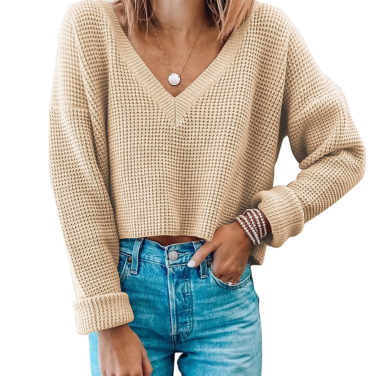 Women's Cropoed Sweaters V Neck Long Sleeve Waffle Knit Tops Casual Solid Crop Pullover Sweaters Beige XS