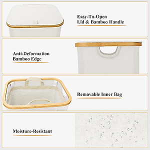 RICOJYCX 110L Collapsible Laundry Baskets with Lid, Laundry Hamper with Handle and Lid, Large Foldable Clothes Hamper with Removable Inner Bag for Clothes Toys Towels (Off White)