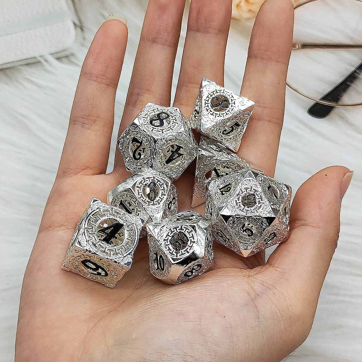 Metal Dice Set 7pcs DND - Table Game RPG Hollow Dice Silver and Black, with Metal Gift Box, Suitable for Dungeon and Dragon D&D MTG, Math Teaching, Polyhedron D4 D6 D8 D10 D10％ D20