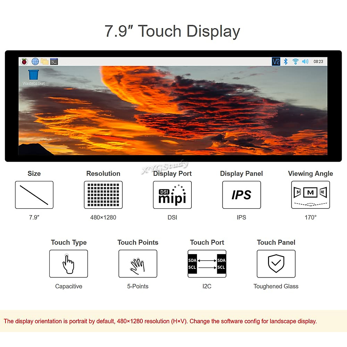 7.9inch Capacitive Touch 400×1280 IPS DSI Interface Display Panel LCD Supports Raspberry Pi 4B/3B+/3A+, CM3/3+/4 @XYGStudy
