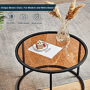 SAYGOER Glass Coffee Table Round Modern Coffee Tables Small Mid Century Coffee Table for Living Room Home Office Simple Retro Table Top with Metal Frames, Easy Assembly, Brown Black