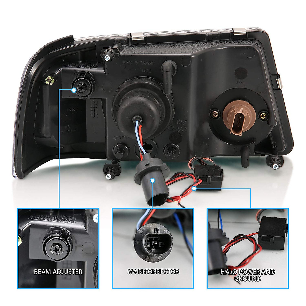 AmeriLite 1pc Black Replacement Headlights Corner Dual LED Halo Set For 01-11 Ford Ranger - Passenger and Driver Side