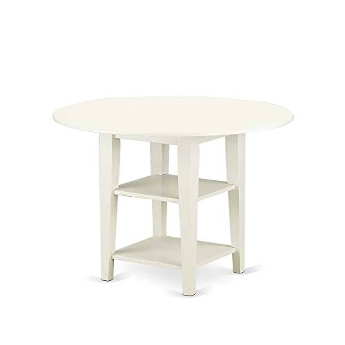 East West Furniture SUVA3-LWH-W 3 Piece Dining Table Set for Small Spaces Contains a Round Dining Room Table with Dropleaf & Shelves and 2 Wood Seat Chairs, 42x42 Inch, Linen White
