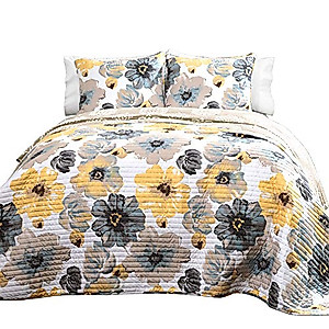 Lush Decor Leah 3 Piece Floral Reversible Quilt Set, Full/Queen, Yellow & Gray