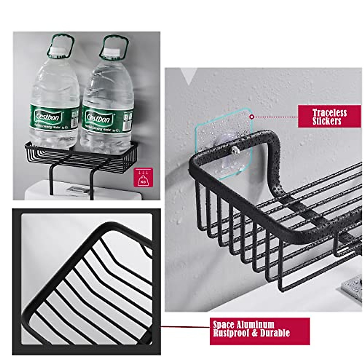 24HOCL Bathroom Organizer Over The Toilet Storage Shelf, Storage Organizer Shelves for Organizing Paper Towels shampoos, No Drilling Space Saver with Wall Mounting Design Adhesive Base, Black